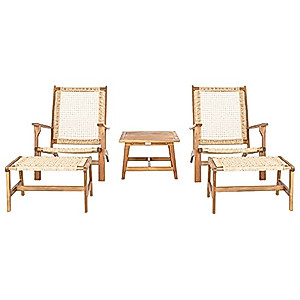 Safavieh Outdoor Collection Chantelle Acacia Wood/Light Brown Woven Rattan 5-Piece Patio Set PAT7076A, Natural/Natural