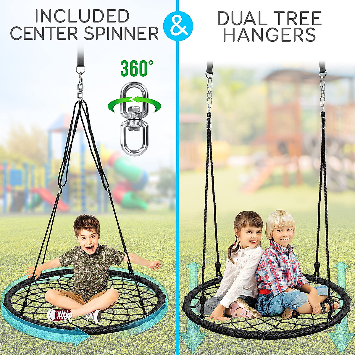 SereneLife Spider Web Tree Swing with Hang Kit and Center Spinner 40” 600 lbs Kids Outdoor Backyard Tree Playhouse Playground Saucer Swing Set Accessories Platform Glider Mat Swinging Swingset,Black