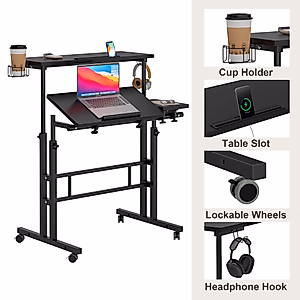 SogesPower 2 Platforms Mobile Laptop Desk Adjustable Side Table Computer Stand for Bed Sofa,Mobile Standing Desk with Cup Holder and Hooks,Black