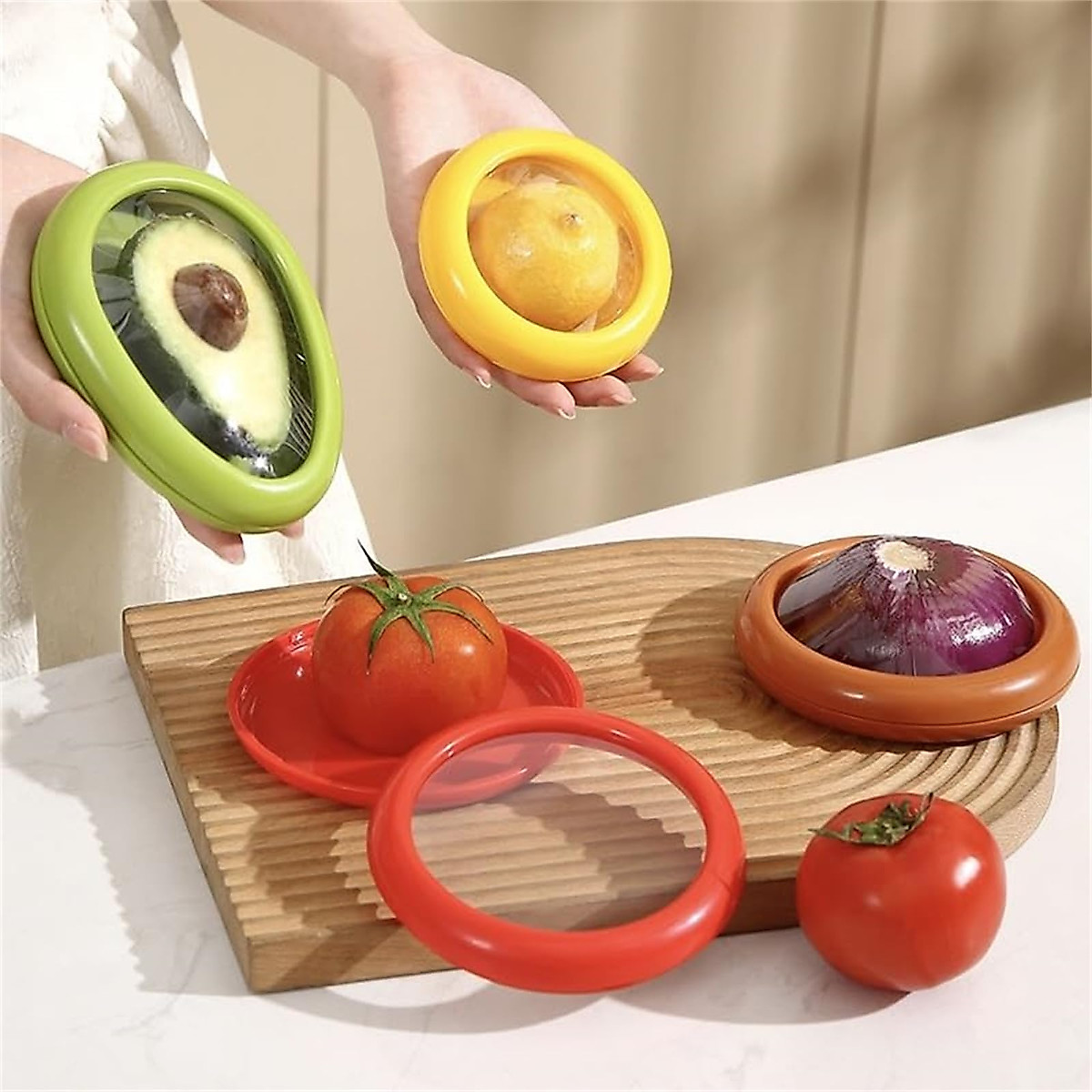 4-Piece Reusable Food Hugger Set - Avocado, Onion, Tomato, and Lemon Storage Containers for Fridge retain freshness