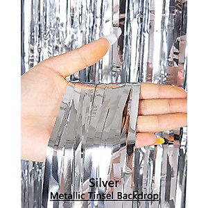 NIACONN 5 Packs Silver Tinsel Fringe Photo Backdrop Metallic Foil Fringe Curtains Door Streamers for Birthday Party Decorations (Silver / 3.3 ft x 6.6 ft)