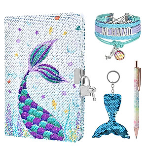 WERNNSAI Mermaid Diary for Girls with Lock - Kids Journals Set Sequins Unique Mermaid Gift for Girls ages 6-8, Travel School Office Notebook Notepad A5 Diary with Ballpoint Pen Bracelet Key-chain
