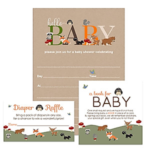 Paper Clever Party Woodland Invitation Kit for Baby Shower, Set Includes Blank Invites with Envelopes, Diaper Raffle Tickets and Bring a Book Cards, 25 of Each Design