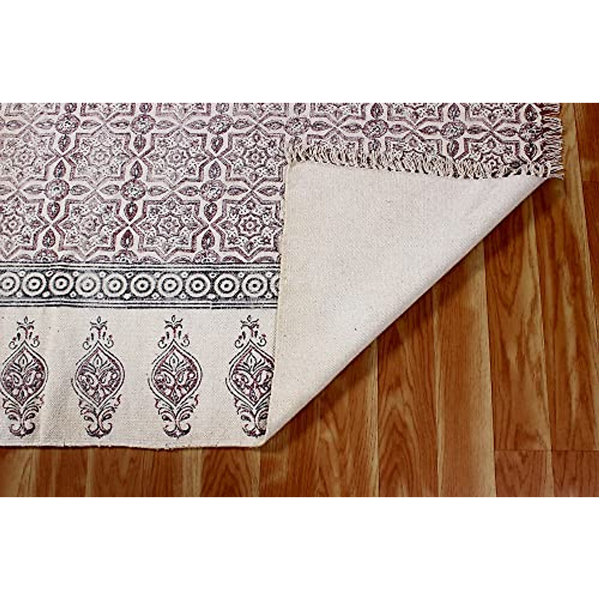 Casavani Hand Block Printed Cotton Dhurrie Geometric Brown & Black Tassel Rug Easy Care Washable Rugs for Doormat Entryway Living Room Bedroom Hallway Balcony 9x9 Feet Square