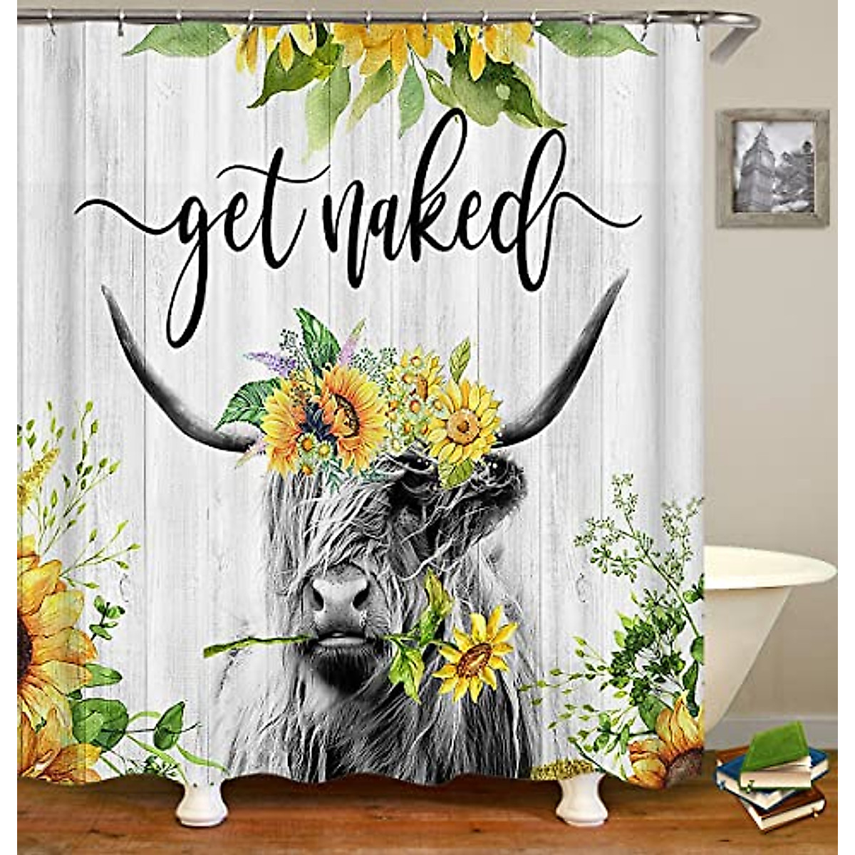 JAYDEN MADGE MAKE YOUR HOME SWEETER Jayden Madge 4PCS Highland Cow Shower Curtain Set with Rugs, Get Naked Watercolor Yellow Floral Botanical Country Western Farm Ani JM-IT010 0