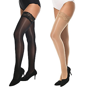 MANZI Shiny Thigh High Stockings Sexy Lace Top Stay Up Silky Sheer Stocking Shimmery Tights for Women 2 Pairs Pack Black and Natural L-XL