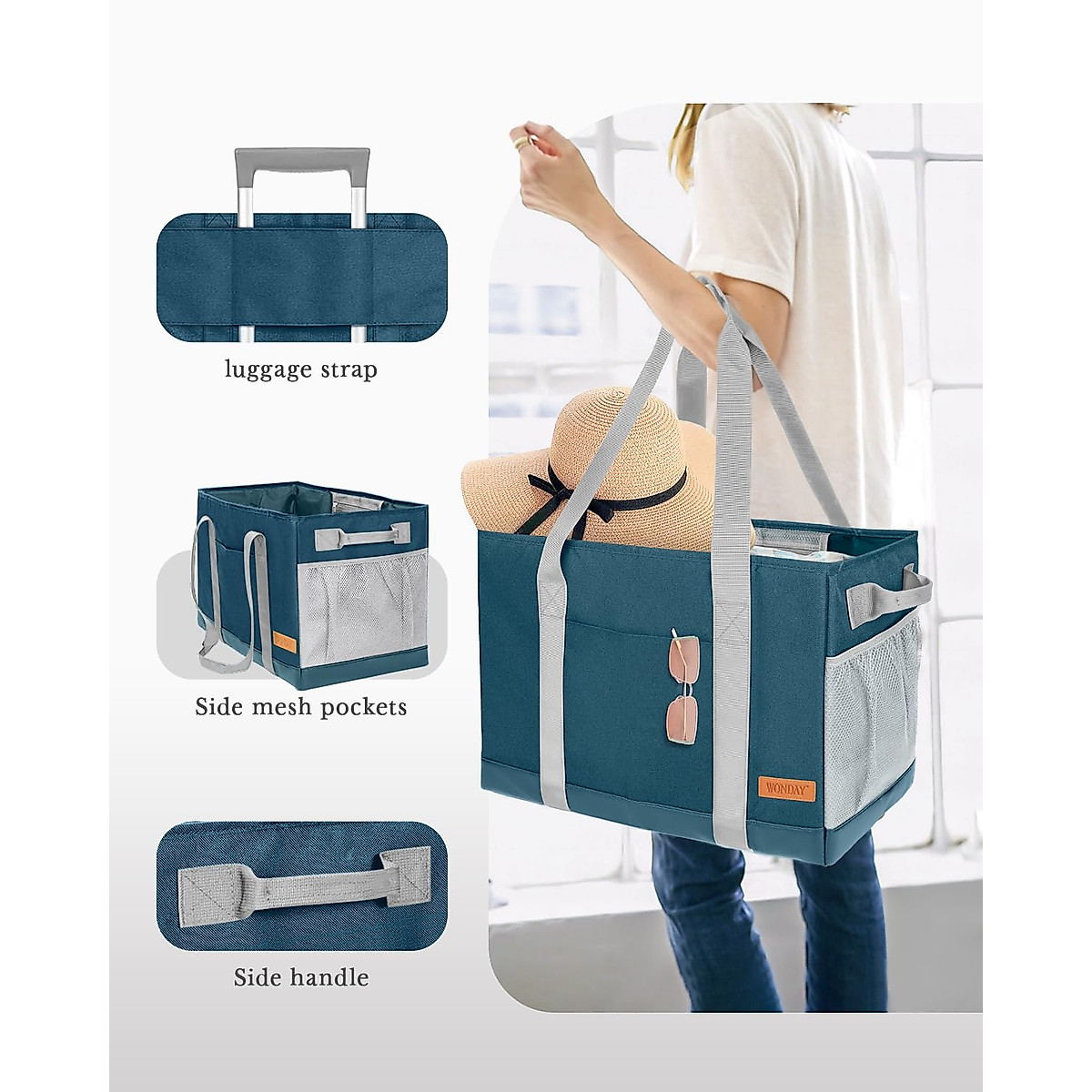 WONDAY Large Stand Up Utility Tote Bag, Reusable Grocery Bags Foldable with Waterproof Bottom (Dark Blue, X-Large)