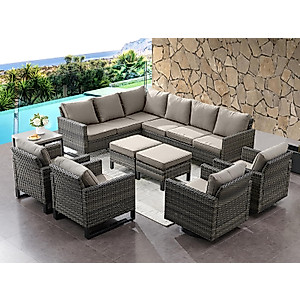 HUMMUH 9 Piece Patio Furniture PE Wicker 6-Seater Outdoor Sectional Sofa Patio Swivel Chairs,Outdoor Chairs with Ottomans Side Table for Porch,Garden,Backyard,Deck