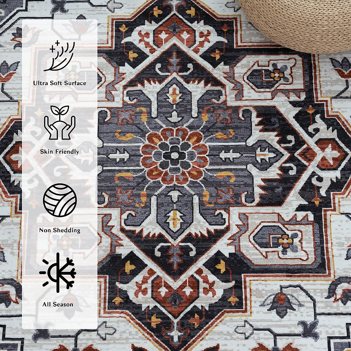 HOMFINE Ultra-Soft Washable Area Rug - 6x9 Non-Slip Vintage Low Pile Carpet Medallion Rugs for Living Room Bedroom Dining Room Office, Black