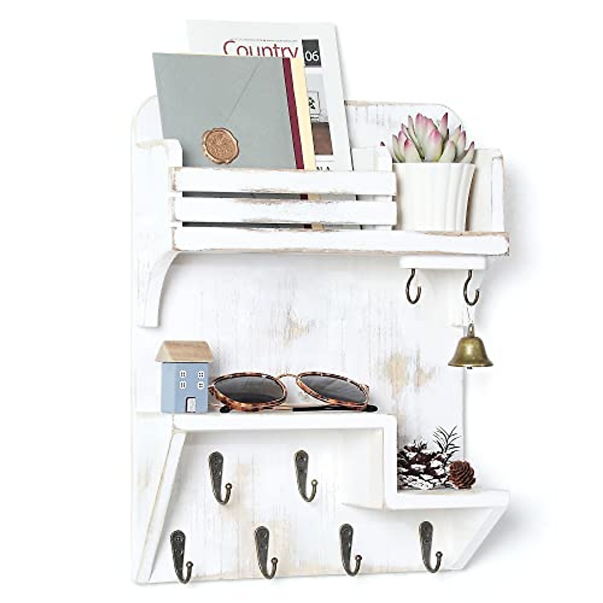 Asaultker Key and Mail Holder for Wall, Elegant Wall Mounted Mail Organizer with 8 Metal Key Hooks, Key and Mail Rack for Rustic Home Decor, Paulownia Wood
