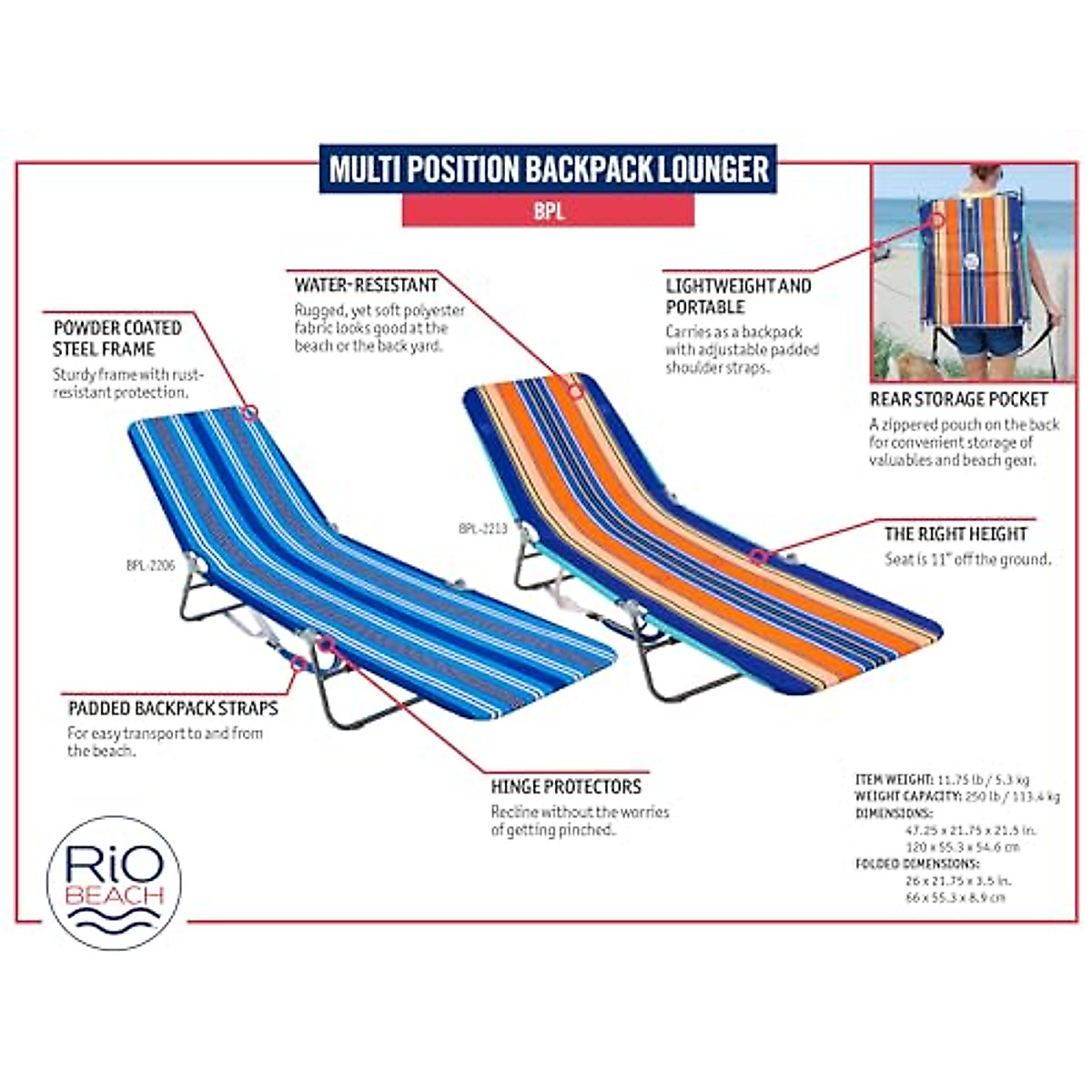 Rio Beach Portable Lay Flat Folding Backpack Beach Lounge Chair with Backpack Straps and Storage Pouch, Orange and Green