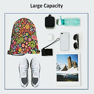 Beabes Peace Drawstring Bags Backpack Bag Sign Symbol Love Hippie Colorful Floral Butterfly Paisley Heart Leaf Sport Gym Sack Drawstring Bag String Bag Yoga Bag for Men Women