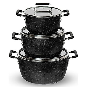Granitestone 6 Pc Stackable Pot Set, Nesting Non Stick Pots with Lids, Cooking Pots Set, Stock Pot Set with 1.5/3 / 5 Qt Pots with Lids, Induction Cookware, Dishwasher Safe, Non Toxic - Black