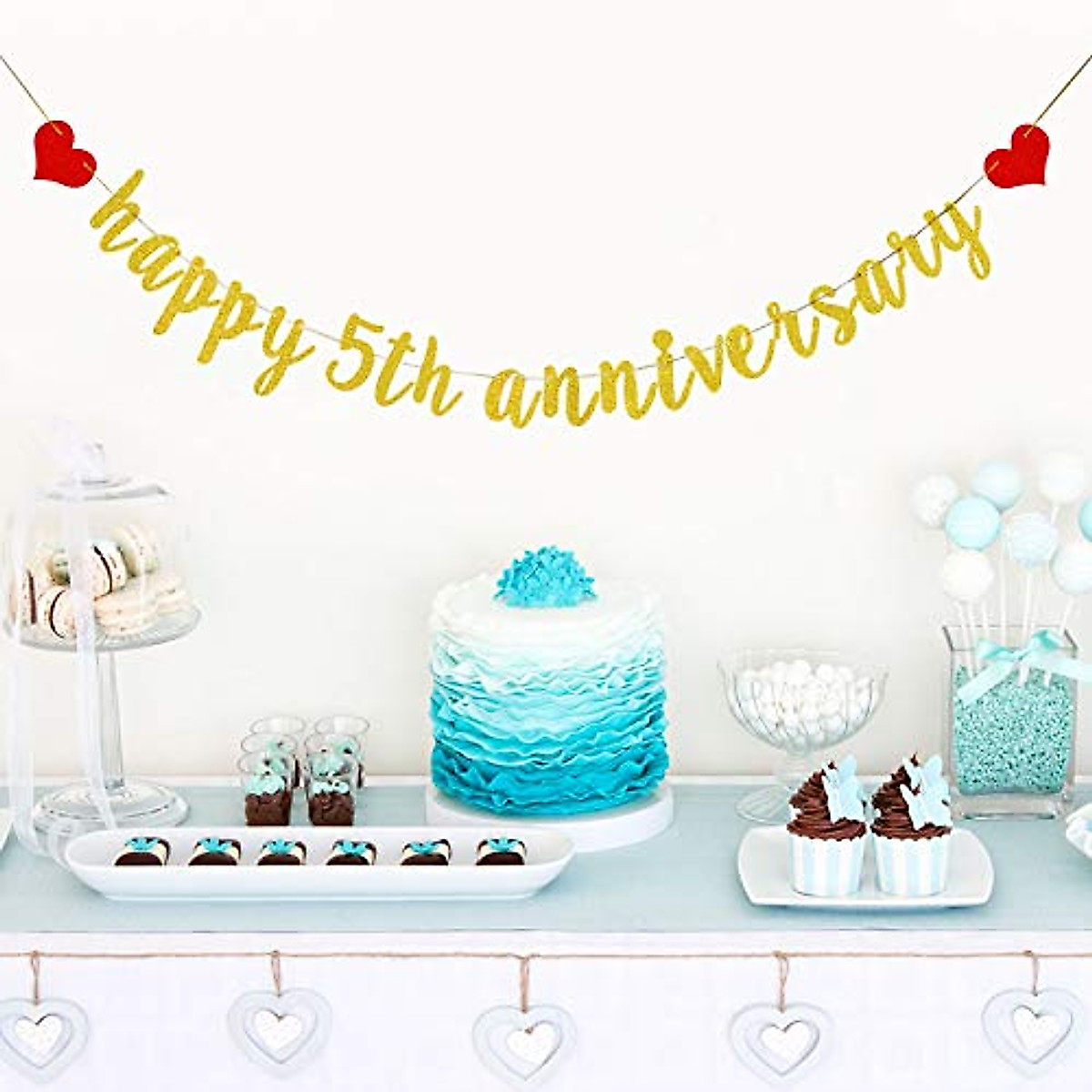 AonBon Gold Happy 5th Anniversary Banner, for 5th Anniversary Party Decoration, 5th Wedding Anniversary Party Decoration Photo Props