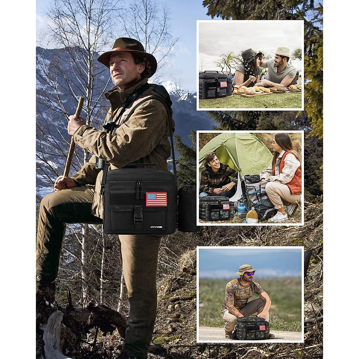 JOYHILL Tactical Lunch Box for Men, Insulated Lunch Bag with Detachable Bottle Pouch Holder, Large Durable Thermal Cooler Bag for Adult, Modern Leakproof Bag for Adult Work, Camping, Picnic, Black