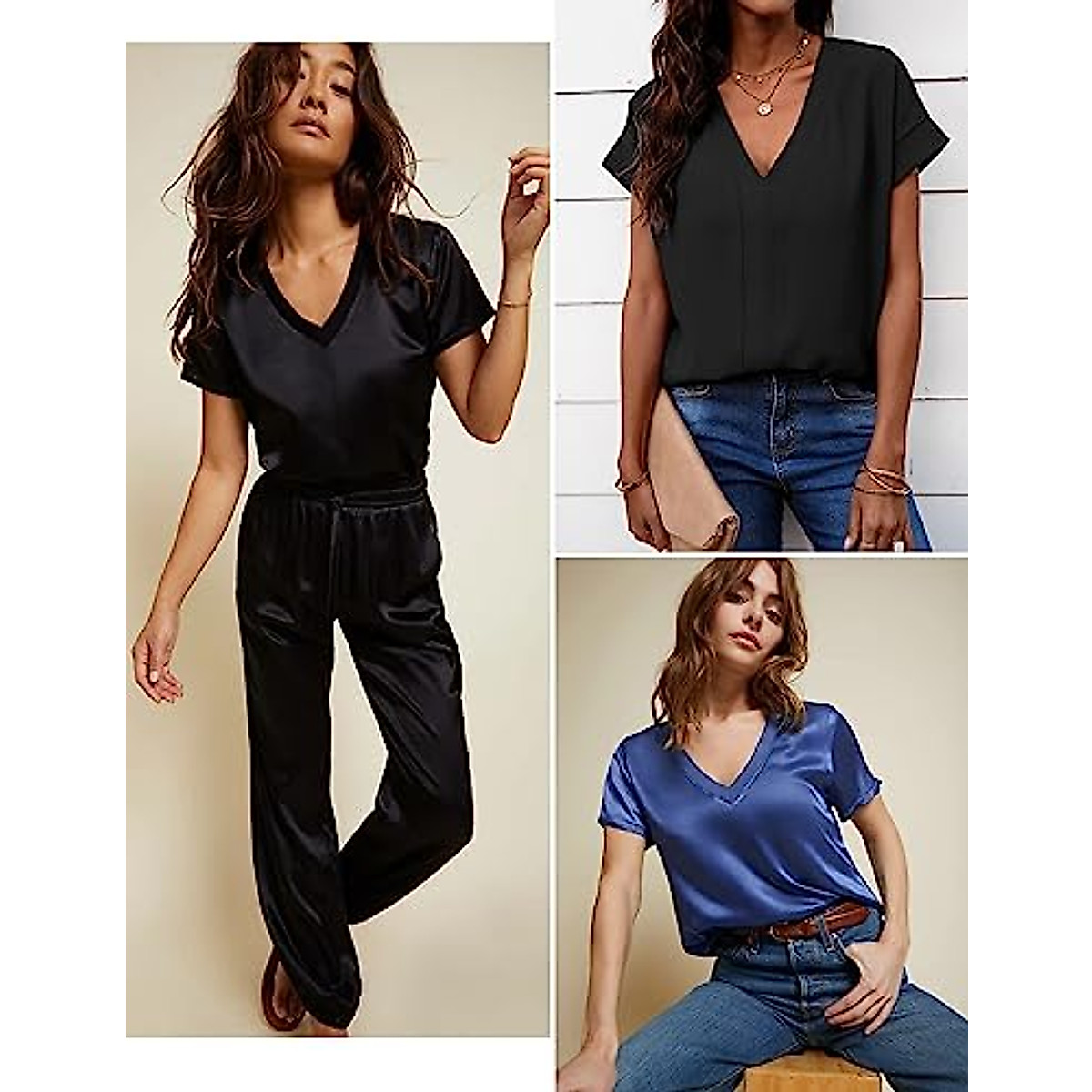 Ekouaer Satin Sleepwear Women's Short Sleeve Pajamas Silk Soft Loungewear Two Piece Pjs Set (Black,S)