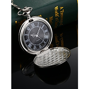 Hicarer Quartz Pocket Watch for Men with Black Dial and Chain Vintage Roman Numerals Christmas Gifts Birthday (Silver)
