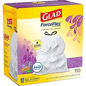 Glad ForceFlex Tall Kitchen Drawstring Trash Bags, 13 Gallon Trash Bag, Gain Lavender with Febreze Freshness, 110 Count