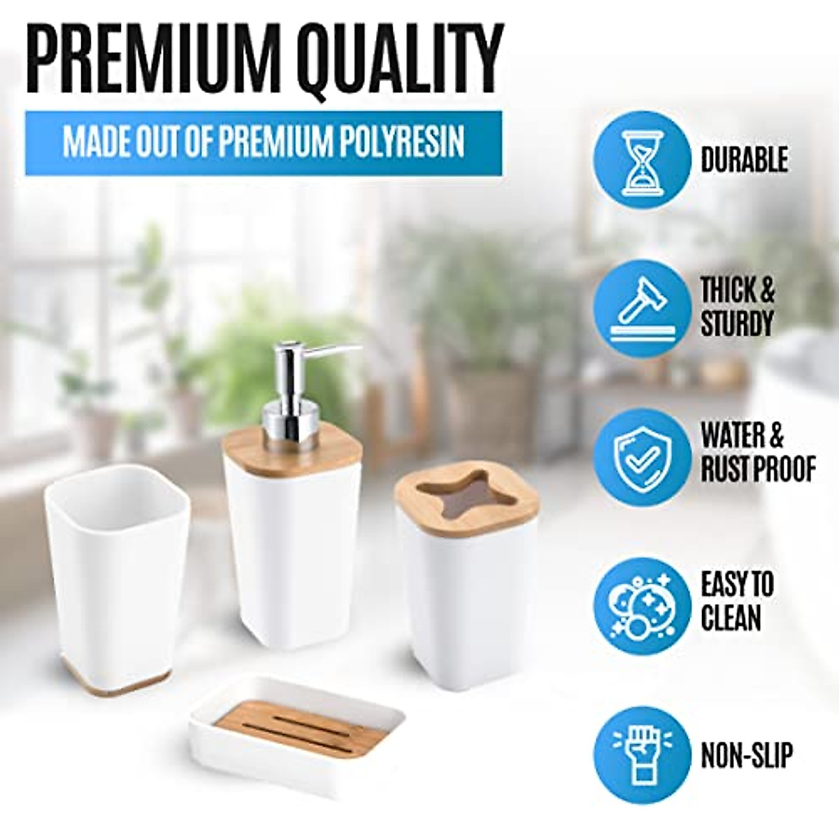 KRALIX White Bathroom Accessories Set, 6 Piece Complete Bamboo Bathroom Set with Toothbrush Holder and Cup, Soap Dish and Dispenser, Trash Can, Toilet Brush, White Bathroom Set Accesorios para Baños