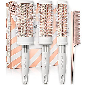 Round Brush Set for Women - Luxury Hair Brushes - Blowout Round Barrel Hairbrush for Blow Drying with Tail Comb by Lily England (White & Rose Gold)
