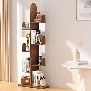 LAZEYARD Cactus Bookshelf, Tree Bookshelf for Bedroom, Solid Wood Geometric Bookcase, Spine Bookshelf and Book Tower with Living Room, Walnut