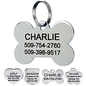 GoTags Dog Tags Personalized Engraved Pet ID Tags, Stainless Steel Dog and Cat Tags, Front and Backside Engraving, Available in Bone, Round, Heart, Bow Tie and More, Small and Large (Pack of 1)