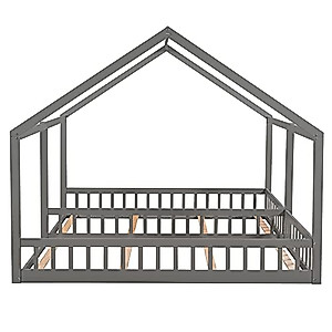 Merax Double Twin Kids House Shaped Low Platform Beds, Wood Floor Bed Frame for Boys, Girls, No Box Spring Needed Easy Assemble (Twin,Grey