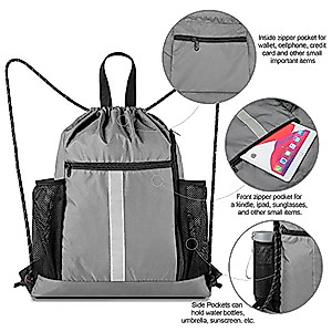 BeeGreen Grey Drawstring Bag Pack Gym Sackpack w Shoe Compartment Two Water Bottle Holder Portable String Sinch Sack for Gymnastic Athletic Beach Travel
