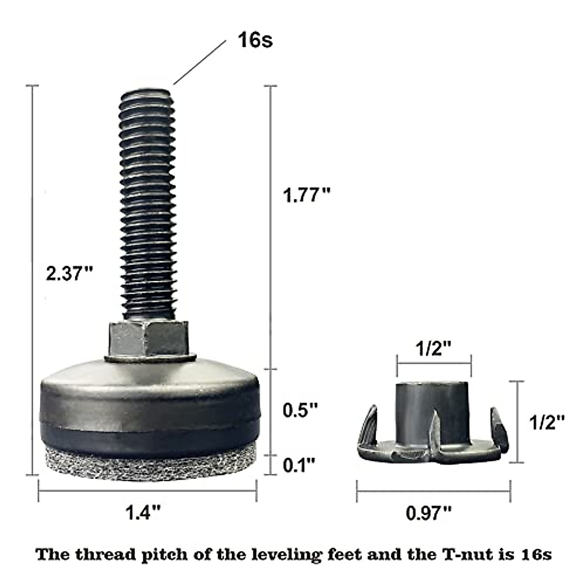 3/8" Threaded Leveling Feet Adjustable Table/Furniture Feet Levelers Screw on Heavy Duty Desk/Chair/Cabinet/Dresser/Bench Leg Leveler Screw in with Threaded Inserts(3/8-16,Large Base,Black,4 Pack)