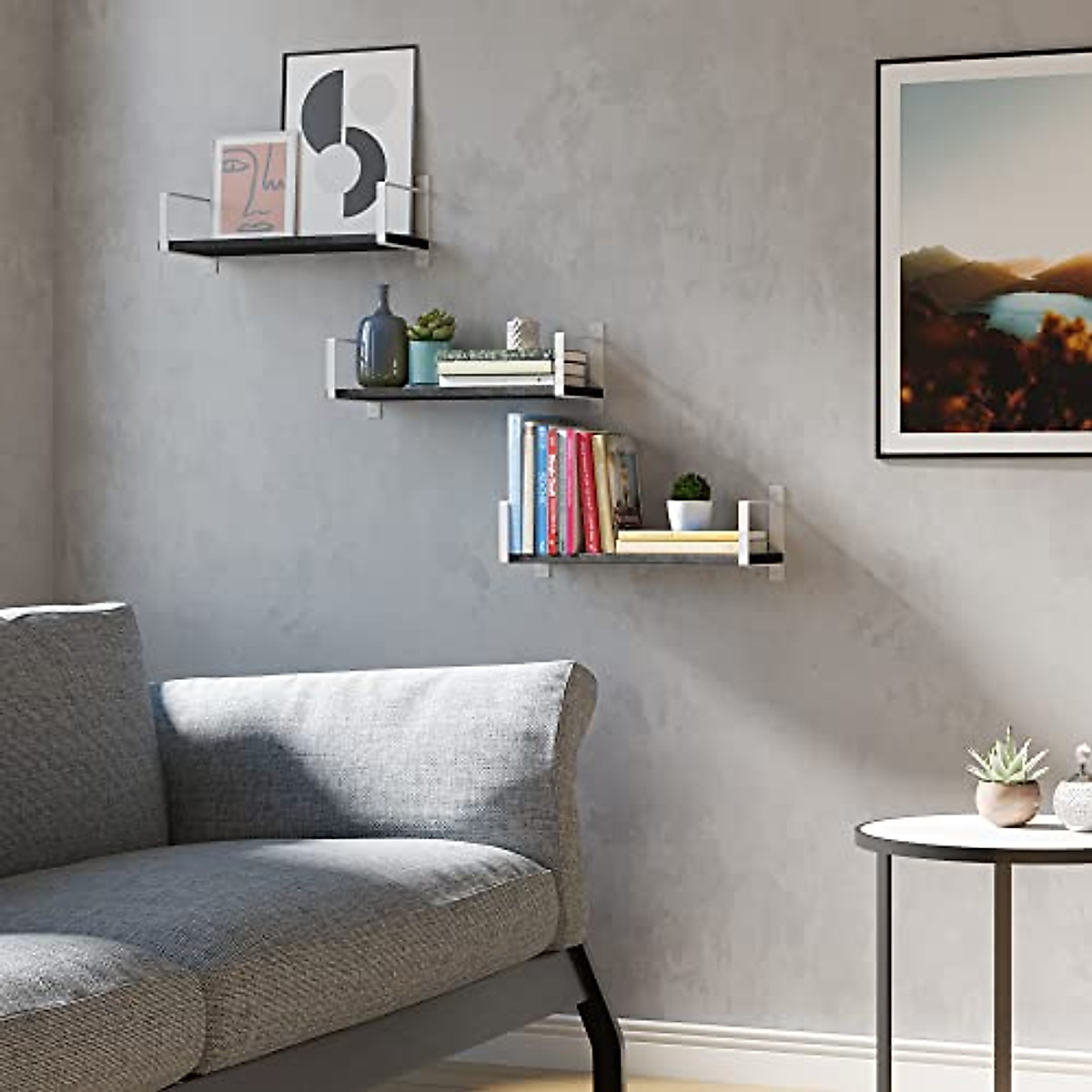 Wallniture Toledo Bookshelf Living Room Decor Kitchen Organization Floating Shelves Bedroom Decor Wall Shelves for Office Black Board, White Bracket Set of 3