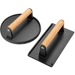 Wildone Burger Press, 7" Round & 8.2"X4.3" Rectangle Heavy-Duty Cast Iron Smash Bacon Press Meat Steak with Wood Handle for Griddle, Sandwich, Panini, Nonstick Pan