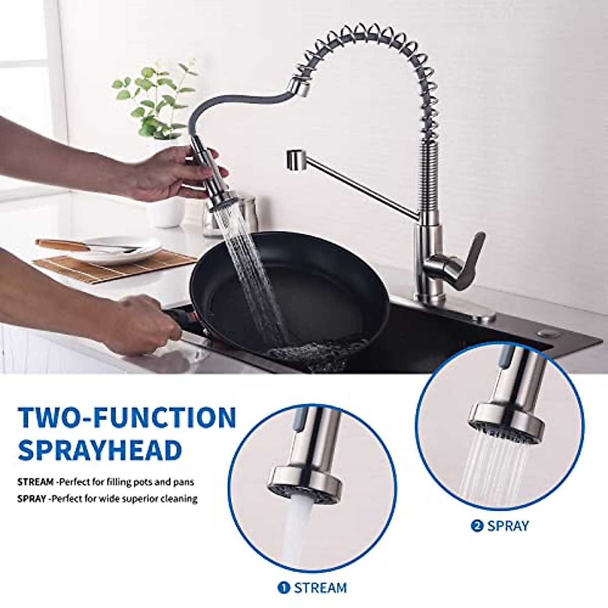 Kitchen Sink Faucets, GUSITE Spring Stainless Steel Single Handle Kitchen Faucets with Pull Down Sprayer, 1 or 3 Holes (Brushed Nickel)