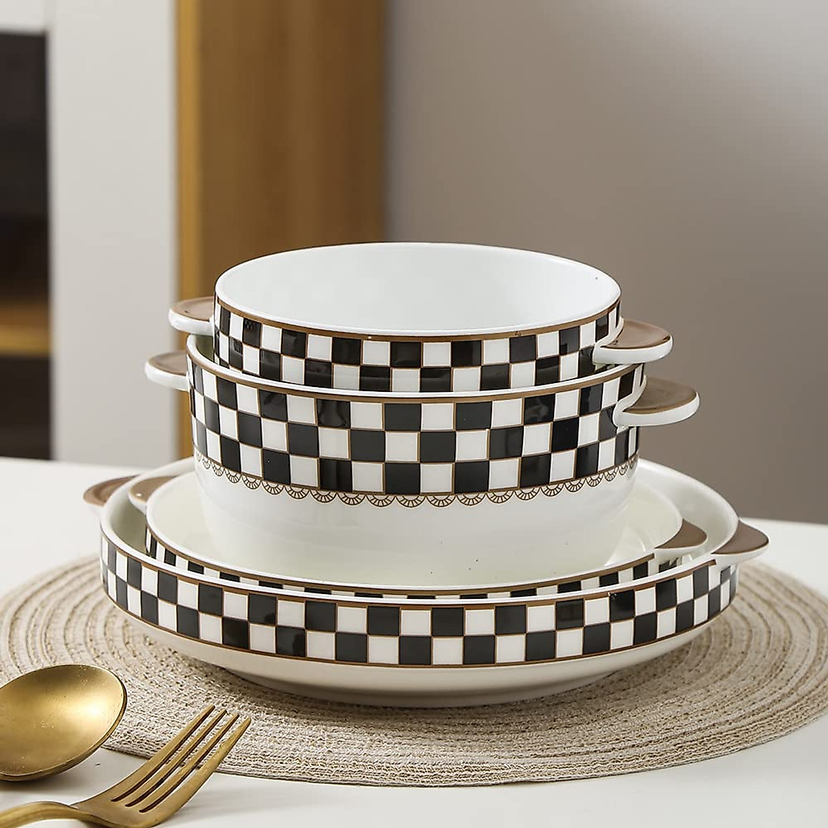 Porlien Checkered 8-Piece Plates and Bowls Set with Handles, Set of 2, Dessert/Cereal Bowls & Salad/Soup/Dessert Plates