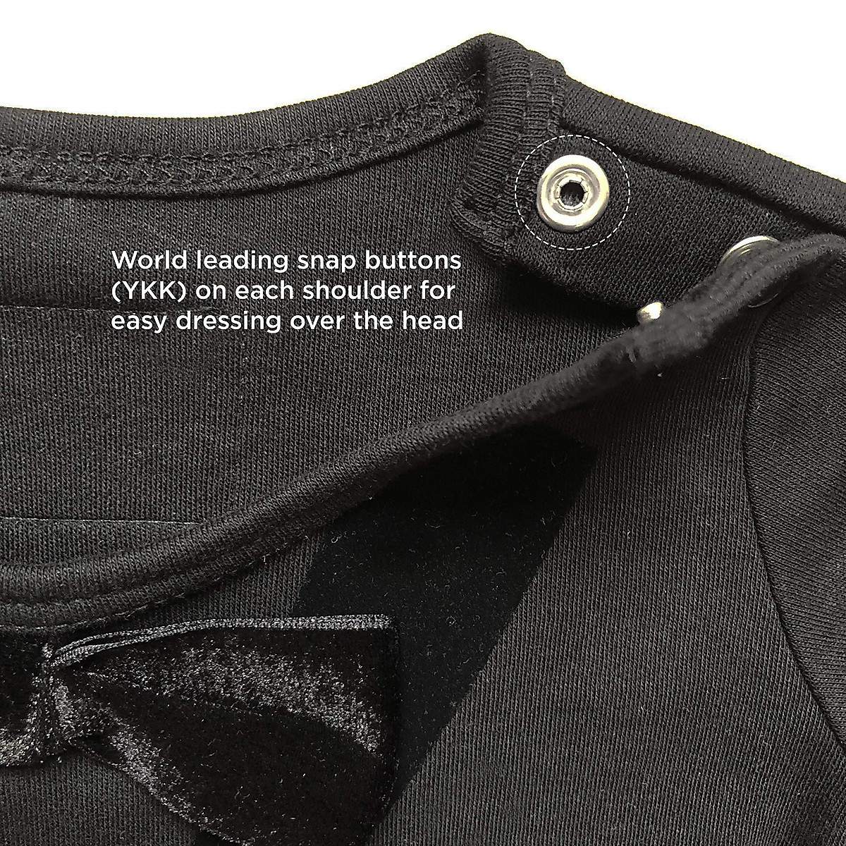 The Tiny Universe Tuxedo Onesie for Fancy Baby Boys, Body Suit with Satin Bow-Tie, Jumpsuit Gentleman Wedding Outfit (All Black, 80 / 12M)