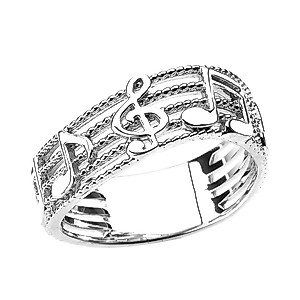 Treble Clef with Musical Notes in Sterling Silver Wavy Band (Size 8.5)