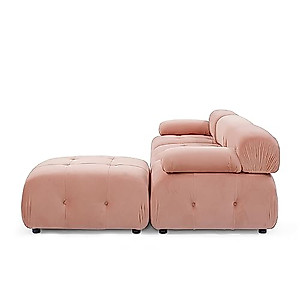 FANYE Pink Velvet Button Tufted L-Shaped Comfy Cute Sectional Sofa Couch DIY Combination w/3 Single Seats and Movable Ottoman, Modern Convertible Modular Sofa&Couch Cloud Deep Seater Sofá, 93"
