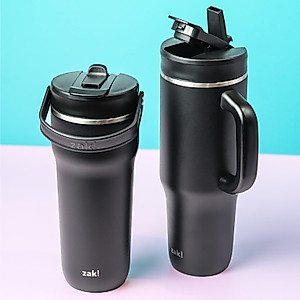 Zak Designs Harmony 2-in-1 Coffee Tumbler for Travel or At Home, 30oz Recycled Stainless Steel is Leak-Proof When Closed and Vacuum Insulated with Handle (Ebony Black)