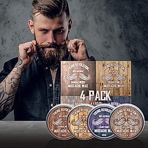 Viking Revolution Mustache Wax 4 Variety Pack - Beard & Moustache Wax for Men - Strong Hold Helps Train Tame & Style- Sandalwood, Clary Sage, Cedar Pine, Bay Rum Styles