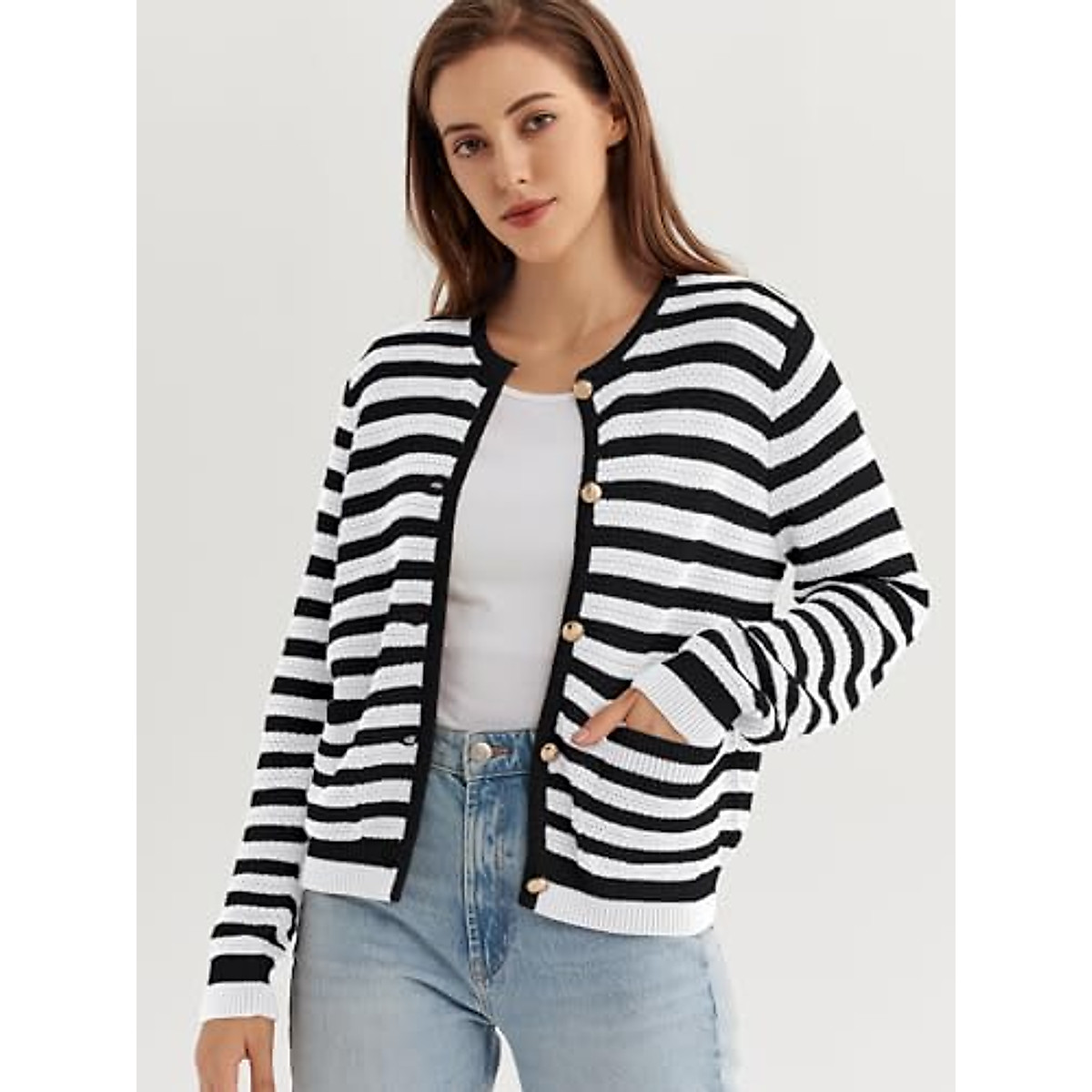 LILLUSORY Women's Cable Knit Cardigan Sweaters 2024 Fall Trendy Open Front Button Up Tweed Blazer Jackets Ladies Chunky Oversized Coat Coatigan Old Money Clothes Cute Outfits White Black L