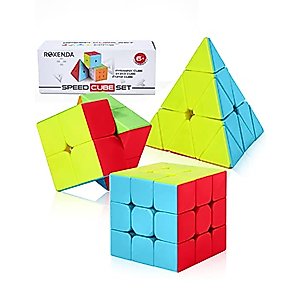 ROXENDA Speed Cube Set, Magic Cube Set of 2x2x2 3x3x3 Pyramid Cube Smooth Puzzle Cube (Stickerless)