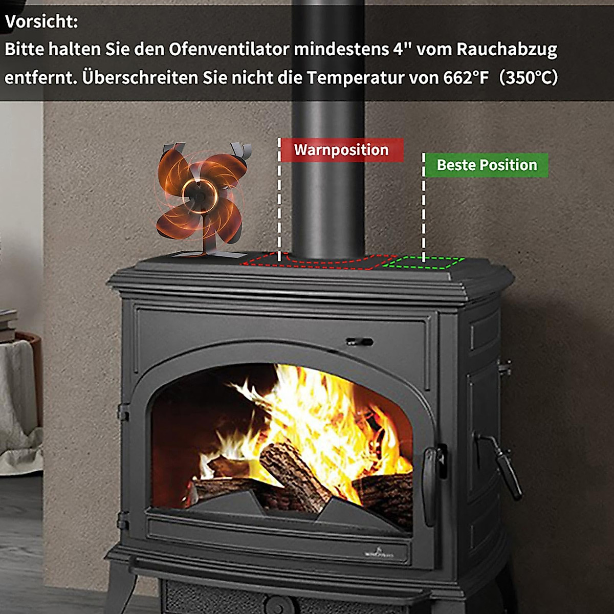 heybb Woodburner Stove Fan, 4 Blades Wood Stove Fans Heat Powered, Silent Operation with Stove Thermometer for Wood, Log Burner, Fireplace, Eco Friendly Circulatons and Efficient Heat Distributions