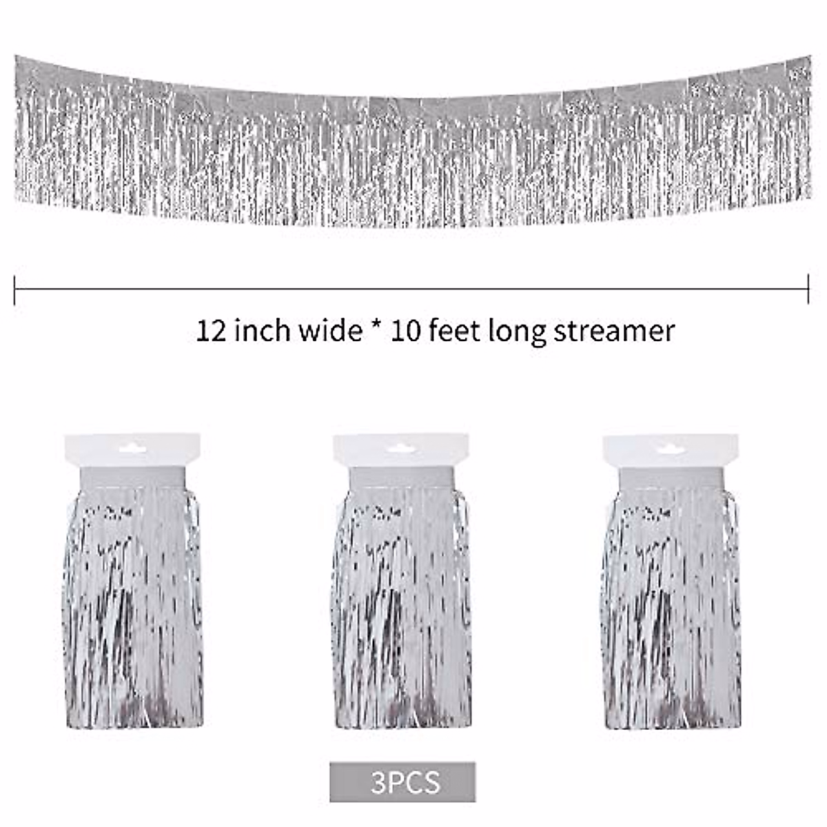 BEISHIDA 3 Packs Metallic Foil Fringe Garland Silver Wall Hanging Tinsel Fringe Banners for Car Parade Floats Bridal Shower Wedding Birthday Easter Graduation Holiday Party Decoration(30 Feet)