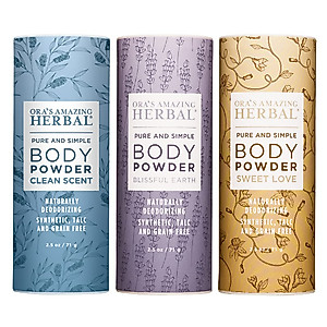 Natural Talc Free Powder, Body Powder for Women, Blissful Earth Scent with Lavender Essential Oil Blend, No Talc, Corn, Grain, Scented Bath Powder, 2.5 oz (3 Pack Body Powders)