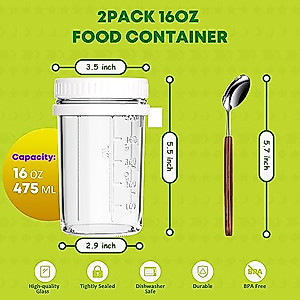 Overnight Oat Containers with Lids and Spoon, 16OZ Large Capacity Glass Mason Jars, Glass Food Storage Containers for Milk, Cereal, Vegetable and Fruit Salad (2 PACK)