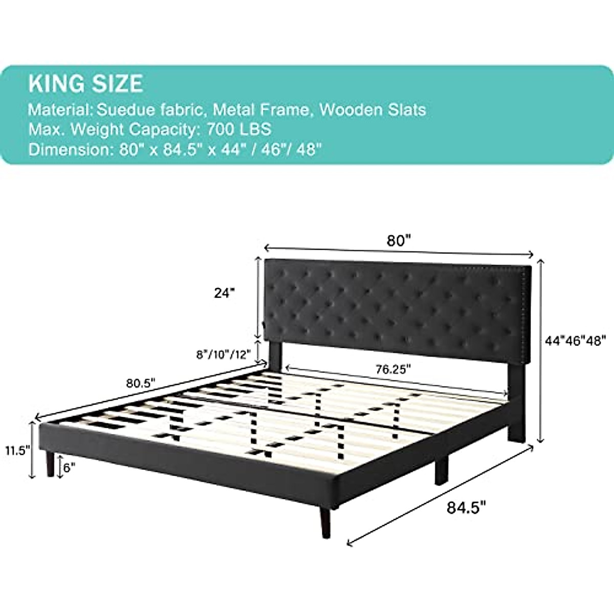 King Upholstered Platform Bed Frame with 48" Tall Adjustable Headboard - Button Tufted Suede Velour Bed- Wood Slat Support with Storage Space- No Box Spring Needed - Black - OLIVER & SMITH - Princeton