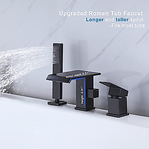 NIITAWH Waterfall Roman Tub Faucet with Hand Shower Matte Black High Flow Bathtub Faucet 3 Hole Widespread Tub Filler Deck Mount Solid Brass
