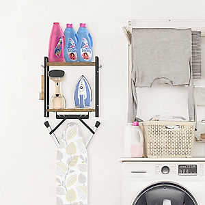 EsLuker.ly 2 Tiers Ironing Board Holder Wall Mount, Iron Board Hanger Rack Organization with Removable Hooks, Laundry Room Shelves with Large Wooden Baskets for Iron and Ironing board Set, Black