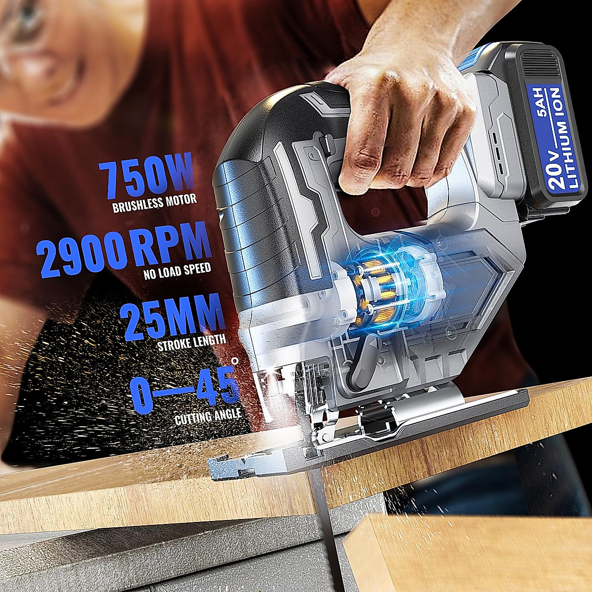 Cordless Jigsaw Tool Compatible with Dewalt 20V Battery, Variable Speed, LED Light, 0°-45° Bevel Cuts, 3-Position Orbital Action, Brushless Motor for Straight Curve Circle Cutting