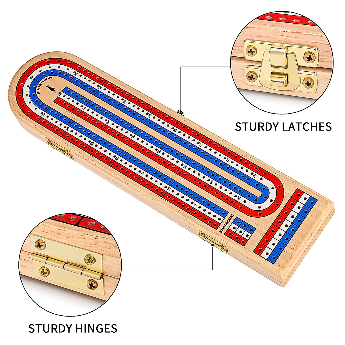ropoda Cribbage Board Game, Classic 3 Track Board with 9 Cribbage Pegs, A Deck of Playing Cards and Storage Area, Portable and Foldable Wooden Board Game