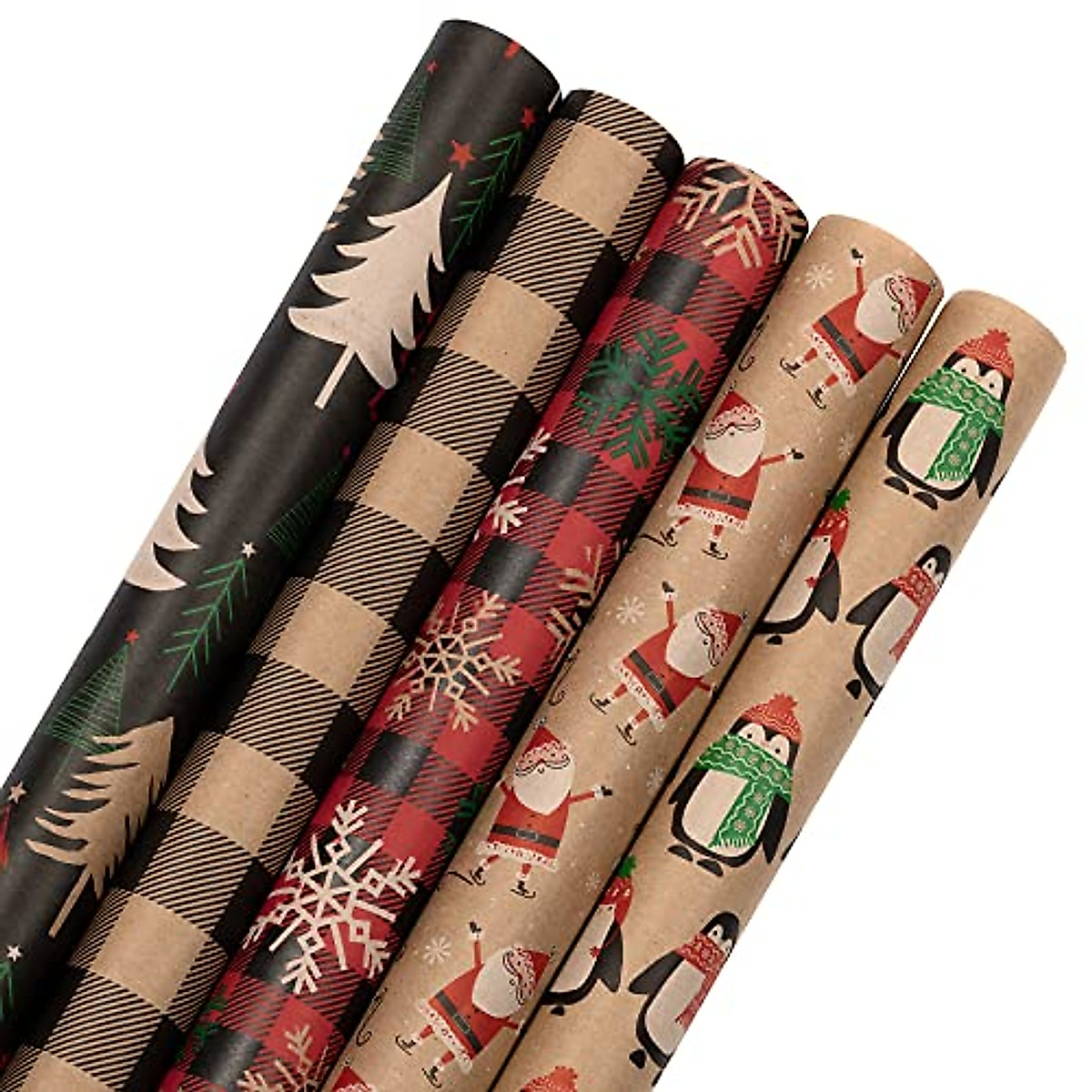 JAM Paper Assorted Gift Wrap - Christmas Kraft Wrapping Paper - 125 Sq Ft Total - Kraft Christmas Set - 5 Rolls/Pack